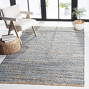 SAFAVIEH Cape Cod Collection 4' x 6' Natural / Blue CAP350A Handmade Flatweave Coastal Braided Jute Area Rug