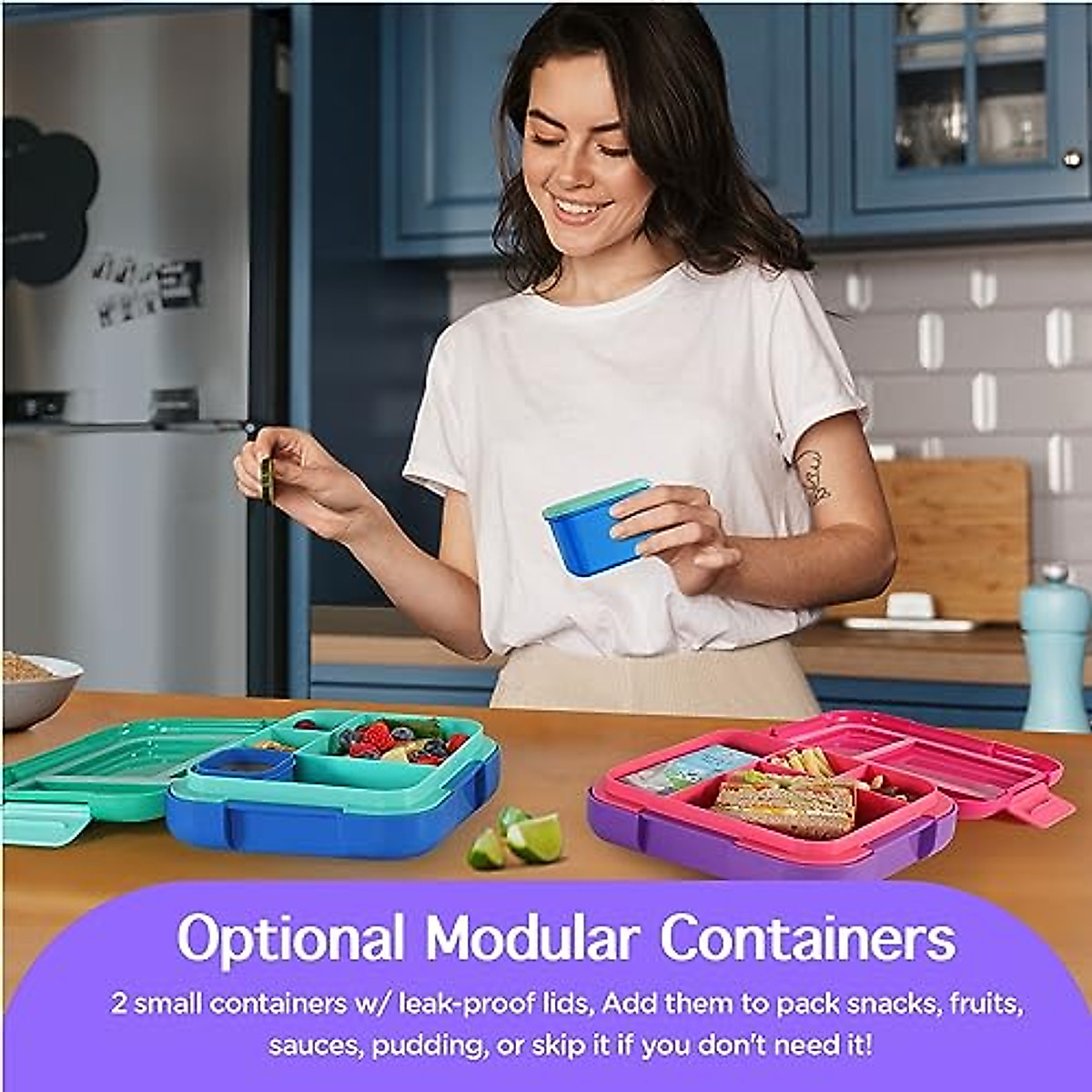 Caperci Bento Lunch Box for Kids - Large 4.8 Cups Lunch Container with 2 Modular Containers - 4 Compartments, Leak-Proof, Portable Handle, Microwave/Dishwasher Safe (Fuchsia/Purple)