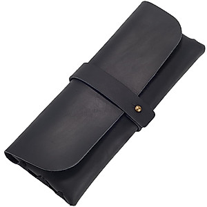 GORGECRAFT Retro Black Crazy Horse Leather Pencil Case Genuine Leather Snap Cover Pen Cases Large Capacity Leather Pencil Pouch Vintage Holders for Pen Pencils Men Women Glasses Sunglasses