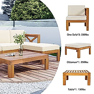 Goohome 5-Piece Wood Patio Furniture Set, L-Shaped Outdoor 3-Seater Sectional Sofa Seating Group ConversationSets with Coffee Table and Water-Resistant Cushions, for Patio, Backyard
