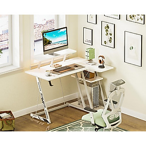 MOTPK White Gaming Desk L Shaped with LED Lights, Small Corner Computer Desk 39inch with Power Outlets, Gaming Table with PC Storage Shelf, Gamer Desk with Monitor Shelf, Carbon Fiber Texture