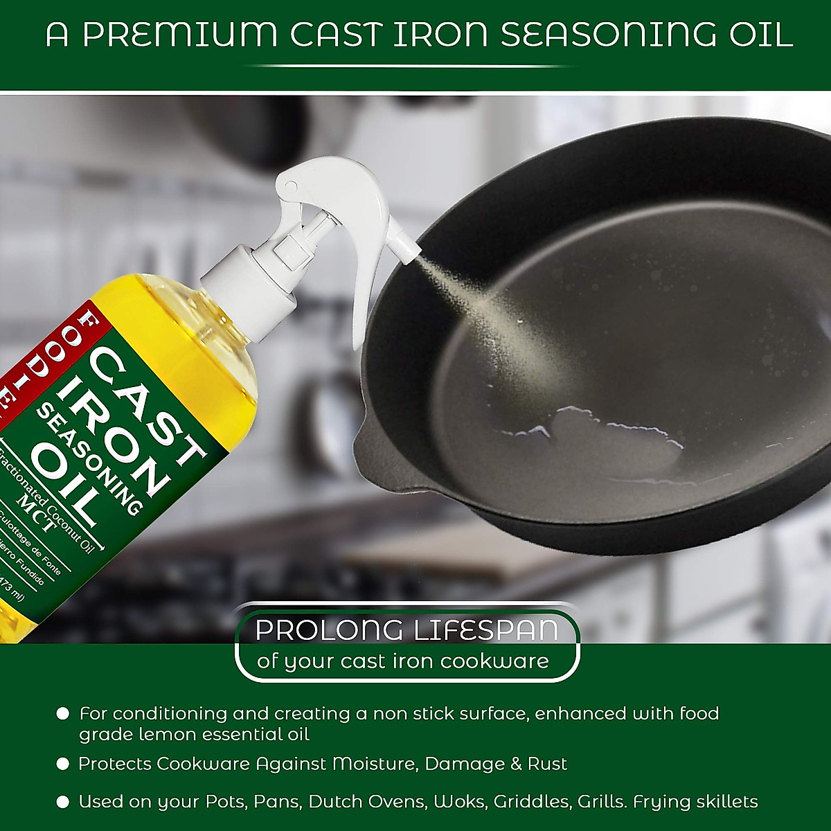 Cast Iron Oil Non-stick Conditioner for Seasoning Skillets,Griddles, BBQ Grill, Flat Top Grills, Dutch Ovens with Oils of Flax, Sesame, and MCT, 12 fl. oz. Foodieville by Creation Farm