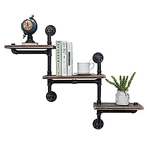 OLDRAINBOW Industrial Pipe Shelving Wall Mounted,Real Wood Book Shelves,Rustic Metal Floating Shelves,Wall Shelf Unit Bookshelf Hanging Wall Shelves,Farmhouse Kitchen Bar Shelving