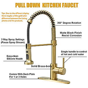 BESy Commercial Kitchen Faucet with Pull Down Sprayer, High-Arc Single Handle Single Lever Spring Rv Kitchen Sink Faucet with Pull Out Sprayer, 3 Function Laundry Faucet, Brushed Gold