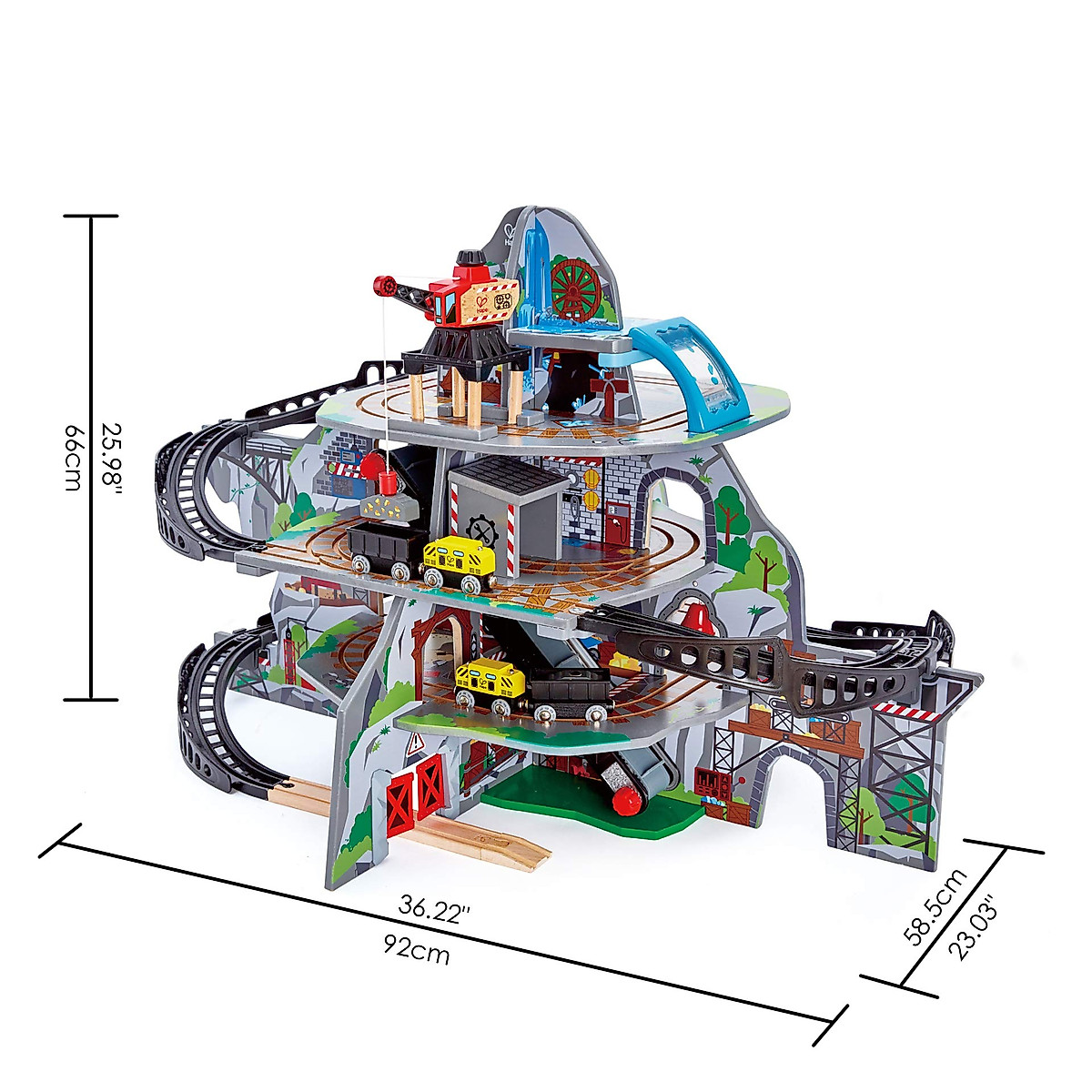 Hape Wooden Railway Mighty Mountain Mine Railway Playset| 4-Level Railway Train Track Playset with Crane and Magnetic Train Cars for Kids
