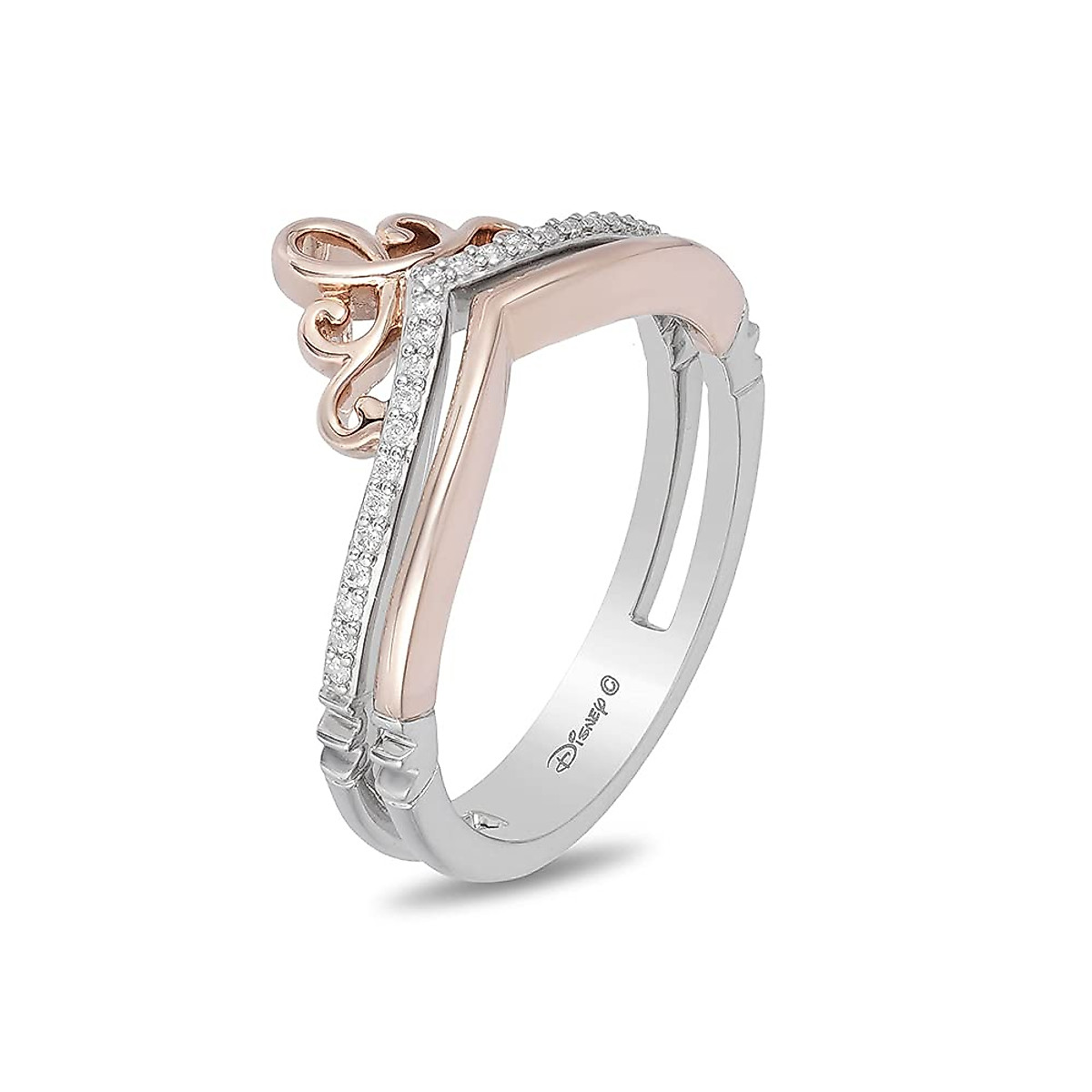 Jewelili Enchanted Disney Fine Jewelry Sterling Silver and 10K Rose Gold 1/10 Cttw Diamond Majestic Princess Ring, Size 8