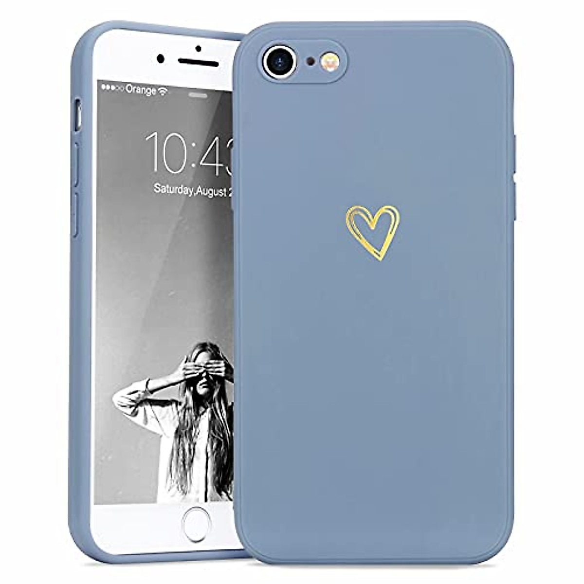 Wirvyuer for iPhone SE Case 2022/2020,iPhone 8 iPhone 7 Case for Girls Women Silky Soft Protective Shockproof Silicone Phone Case with Cute Gold Heart Pattern Design Blue Cover