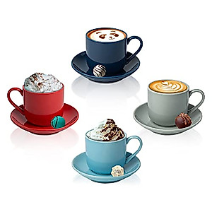 4oz. Espresso Cups Set of 4 With Matching Saucers - Premium Porcelain, 8 Piece Gift Box Demitasse Set - Red, Blue & Grey – Italian Caffè Mugs, Turkish Coffee Cup – Lungo Shots, Dopio Double Shot