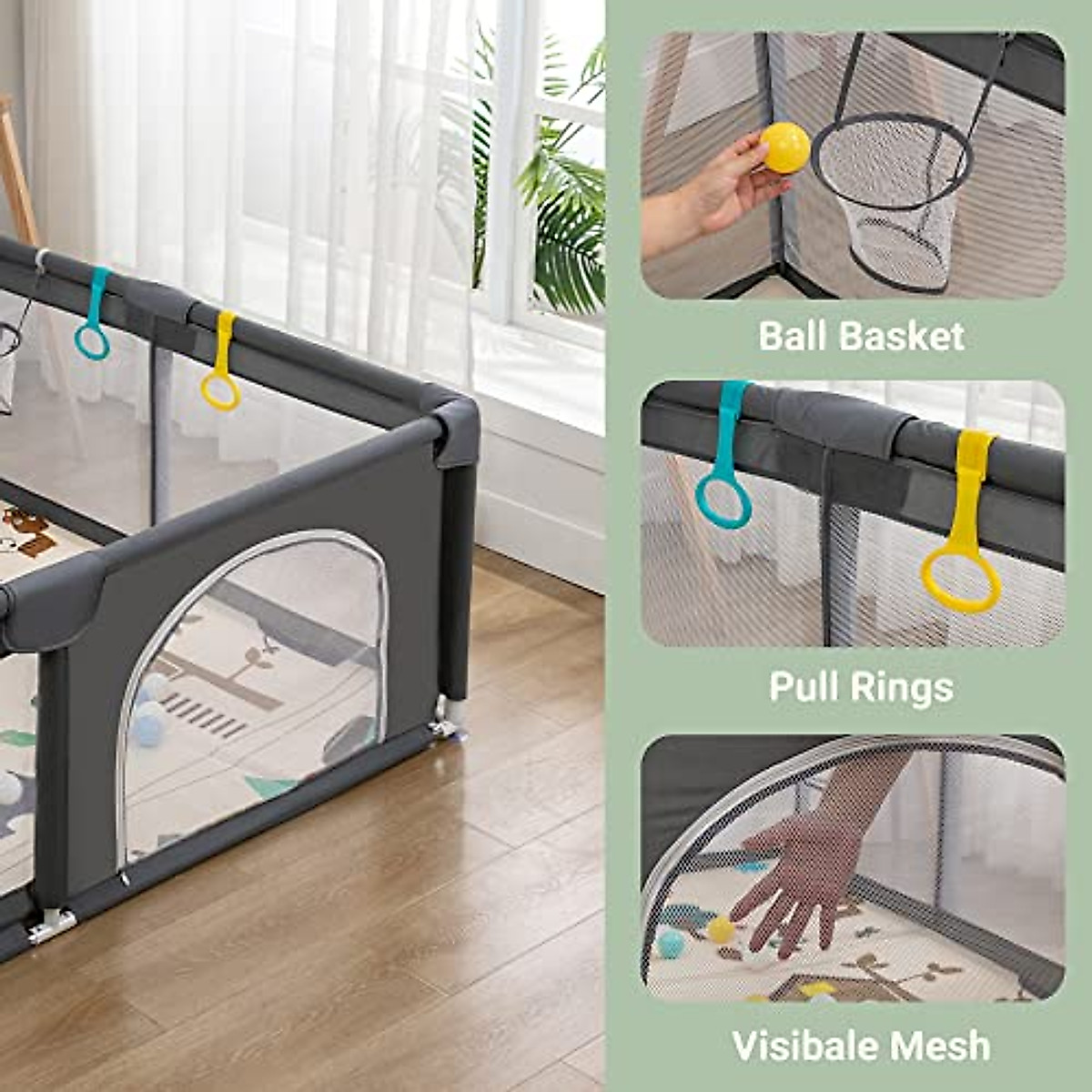 Baby Playpen with Playmat, Cuddor Large Play Yard for Babies and Toddlers 79'' x 59'', Infant Activity Center Play Pen Fence Indoor and Outdoor (Dark Gray)