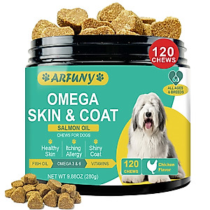 Skin and Coat Chews for Dogs - Omega 3 Supplement for Dogs with EPA & DHA Fatty Acids- Fish Oil Chews for Dogs with Salmon Oil & Vitamins - Dog Itchy, Dry & Shedding Skin Relief- Chicken, 120 Chews