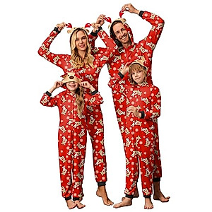 Ekouaer Christmas Onesie Matching Family Elk Antler Hooded Zipper One Piece Long Sleeve Pajamas with Pockets S-XXL