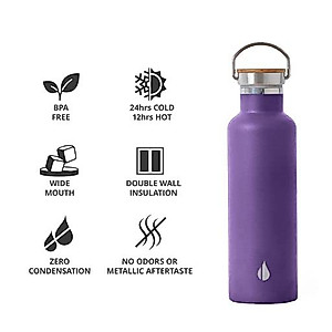 Elemental Classic Insulated Water Bottle, Leak Proof Thermos Water Bottle with Bamboo Lid and Metal Ring, Reusable Insulated Stainless Steel Water Bottle, 25oz - Purple