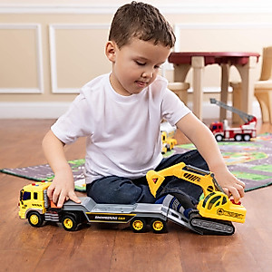 TOYTHRILL Tow Truck with Excavator Toy for Boys 2+ Year Old, Construction Truck Toy with Excavator, Semi Truck with Lights and Sounds, Flatbed Truck Toy Push and Go Construction Vehicle for Kids