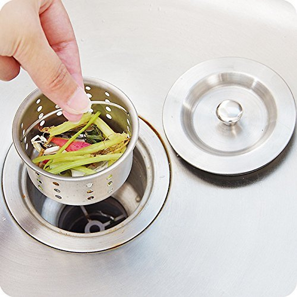 Home-organizer Tech 3-1/2-Inch Kitchen Sink Drain Strainer Sink Basket Strainer with Sealing Lid,304 Brushed Stainless Steel and PP Plastic