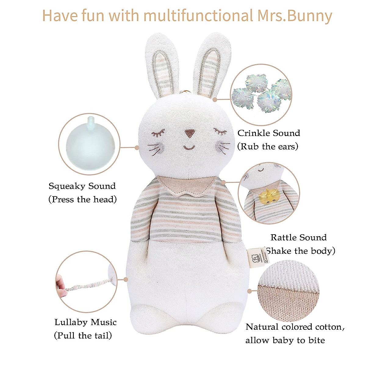 COTTONEBEBE Organic Baby Toys, Stuffed Animal Toy with Lullaby Music for Infant Babies 0 3 6 12 to 36 Months Boy & Girl,Ideal Gift for Newborn (Mrs.Bunny, Cotton)