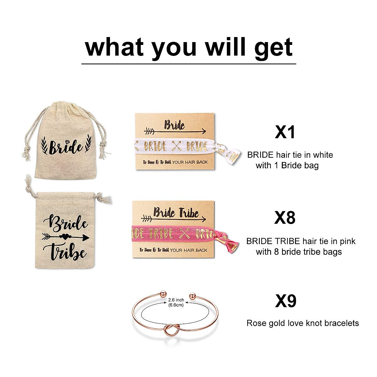 Bridemaid Love Knot Bracelets set - Mookoo 9 Set Bride Tribe Hair Tie and Bracelets Bridal Shower Cuff for Girls Women (bride tribe with 9 bags)