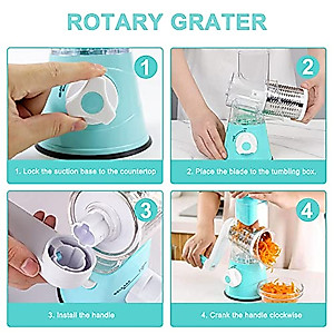 3rd Generation Rotary Cheese Grater, Mandoline Vegetable Slicer with 3 Replacement Blades, Easy to Clean Rotary Shredder for Fruit, Vegetables, Red (Blue)