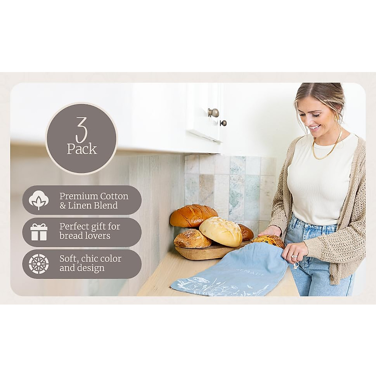 Reusable Linen Bread Bags - 3 Pack XL (16.5 x 12 in) for Homemade Bread Storage