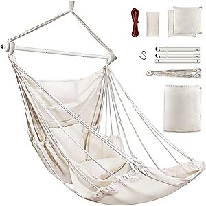 Outerman Hammock Chair, Hanging Chair with 3 Cushions and Foot Rest Support, Durable Metal Spreader Bar Max 500 Lbs, Swing Chair for Bedroom, Indoor & Outdoor, Patio, Porch or Tree（White）