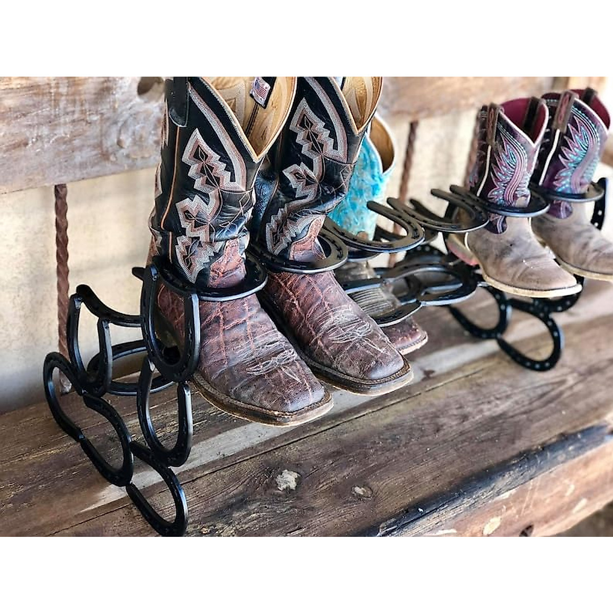 VOFMK Boot Rack, 6 Pairs of Boots, Horseshoe Decor, Horseshoe Art, Boot Holder, Shoe Organizer, Cowboy Boot Rack, Gift for her or him