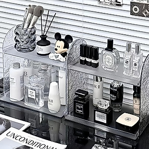 Elivida Perfume Organizer 2 Tier Makeup Organizer Acrylic Bathroom Counter Organizer Vanity Skincare Storage Shelf Modern Cosmetics Holder Shelf, Clear White