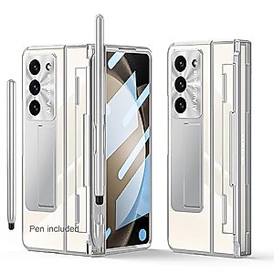 Libeagle Compatible with Samsung Galaxy Z Fold 5 Case with Innovative Hinge Protection, Detachable S Pen Holder & Capacitance Pen, Non-Yellow Clear Back, Screen Protector, Stand Cover 5G 2023, Silver