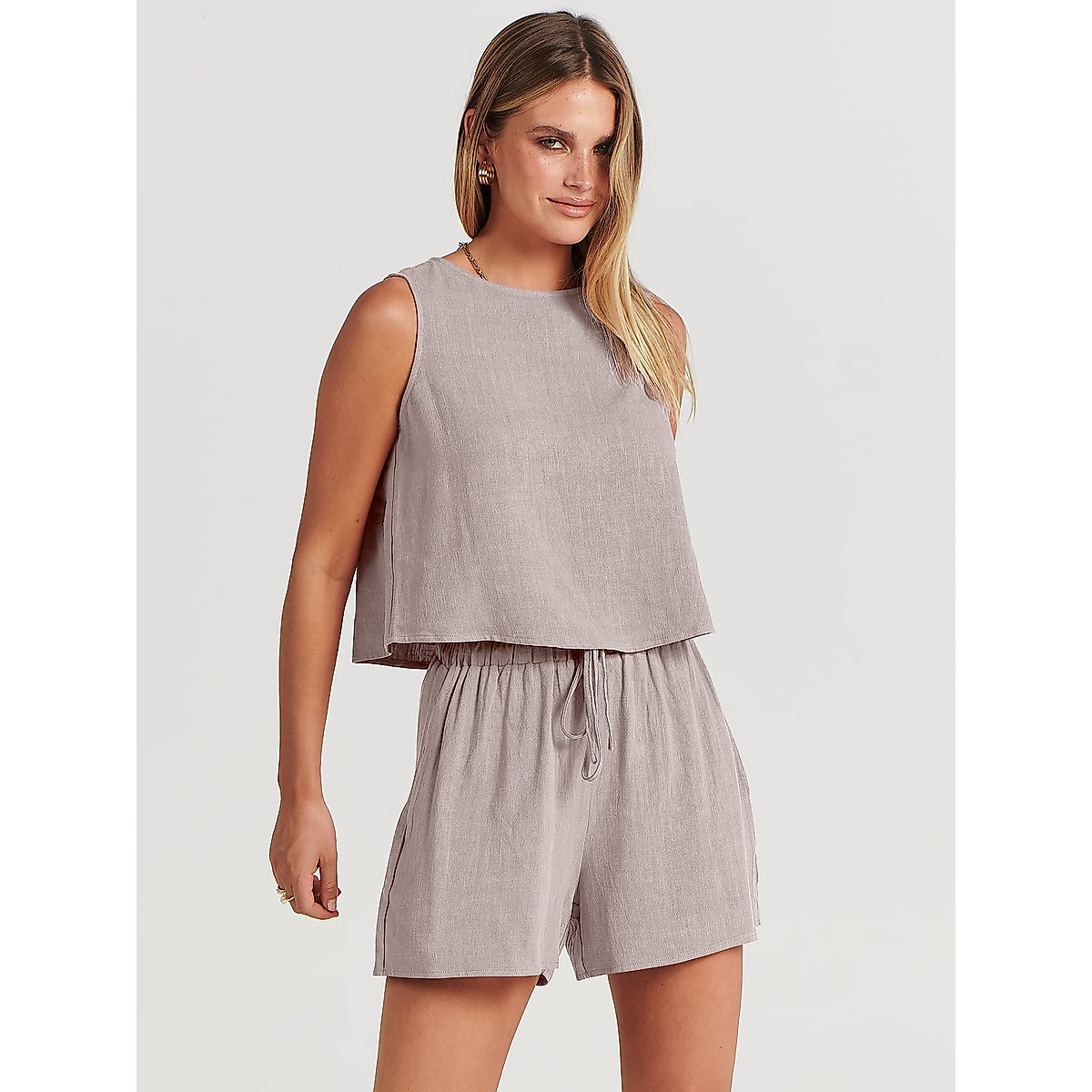 ANRABESS Women 2 Two Piece Outfits Lounge Matching Sets Linen Shorts Boho Aesthetic Clothes Sleeveless Tops 2023 Summer Outfits Vacation Beach 806yinhui-M, Light Grey