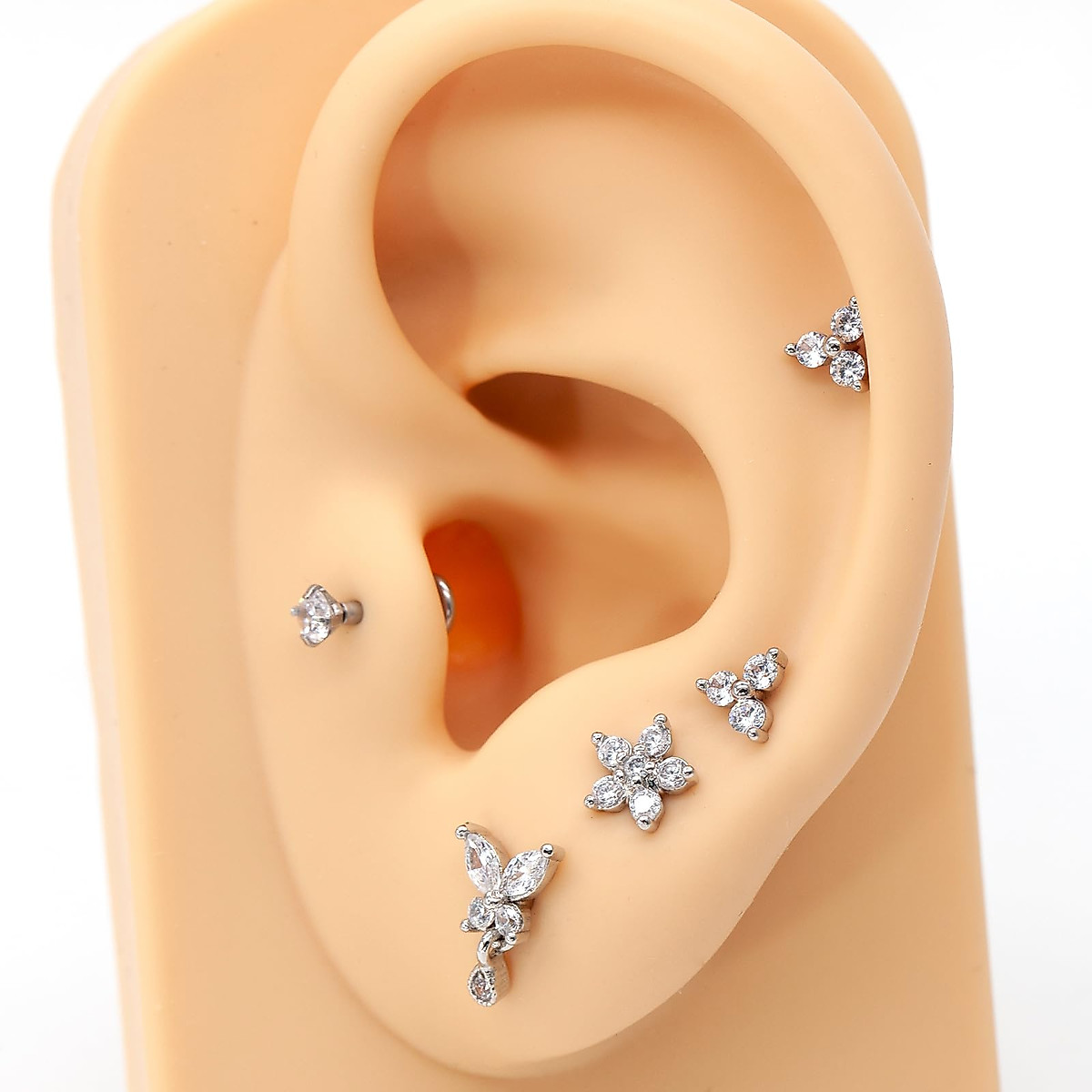 Designfy 14K White Gold Threadless Earring Top Push in Triple Clear CZ Flat Back Nose Stud Threadless Cartilage Earring Helix Stud Tragus Piercing Jewelry for Women Men 6mm