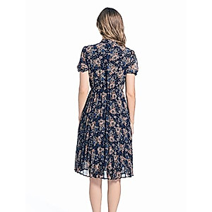 HAOKEKE Women Summer Print Dress Short Sleeves Chiffon Dress Retro Pleated Buttons Down Bow Tie Fairy Lady Dress Blue Flower US 12-14