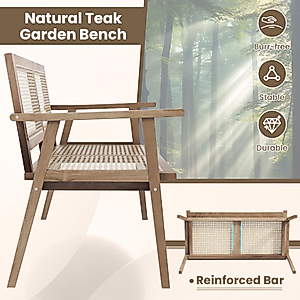 Tangkula Outdoor Teak Wood Garden Bench, 2-Person Patio Bench with Armrests, Rattan Backrest & Seat, Patio Garden Bench for Porch, Lawn, Balcony and Backyard, Natural