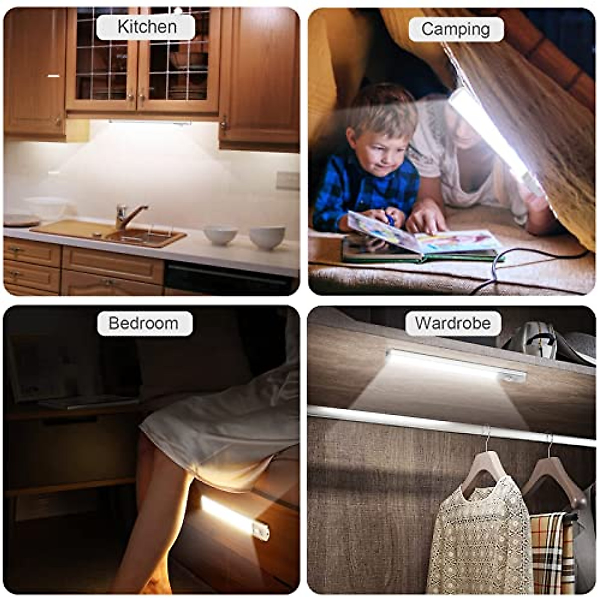 66-LED Under Cabinet Lights Motion Sensor - 3 Color Temperature Yellow/White Dimmable Wireless Closet Lighting w/ Rechargeable 1000mAh Battery, Indoor Night Lights for Kitchen Drawer Cupboard - 2Pack