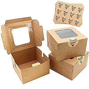 WYKOO 50 Pack 4 x 4 x 2.5 Inches Small Cookie Boxes with Window Brown Bakery Boxes Cake Boxes Kraft Pastry Boxes for Mini Cookies, Cupcakes, Dessert, Single Donut, Stickers Included