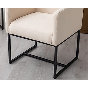 VESCASA Linen Upholstered Dining Chairs with Arms Set of 2, Mid Century Modern Padded Kitchen Chairs with Black Metal Frame for Restaurant, Dining Room, Cream