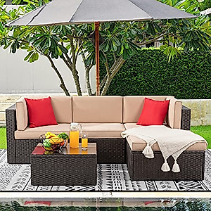 Shintenchi 5 Pieces Patio Furniture Sets Outdoor All-Weather Sectional Patio Sofa Set PE Rattan Manual Weaving Wicker Patio Conversation Set with Glass Table&Ottoman Cushion and Red Pillows