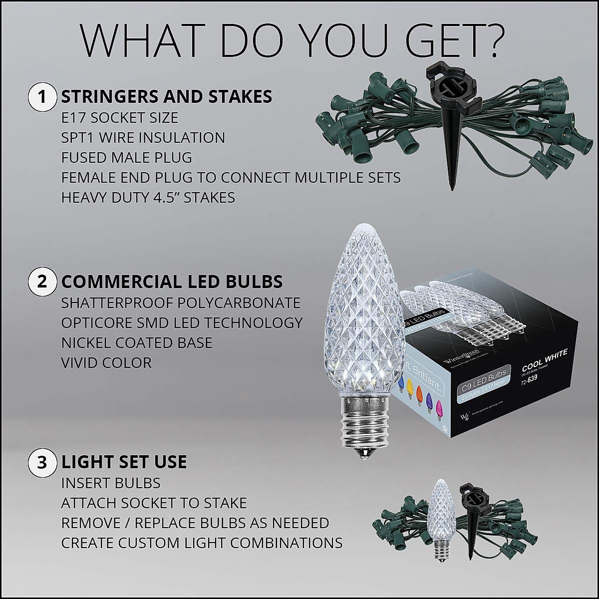 Wintergreen Lighting 25’ OptiCore LED Cool White Pathway Christmas Lights, C9 Outdoor White Christmas Lights, 4.5” Stakes, Green Wire Plug String Lights