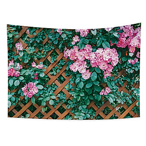 Qinunipoto Garden Fence Tapestry Spring Floral Scene Tapestry Wall Hanging Pink Flower Blossom Green Leaves Wood Fence Tapestry for Living Room Bedroom Dorm Home Room Decor 39X27inch