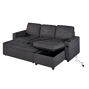 VanAcc Sofa Bed, Sleeper Sofa with USB Charging Ports, L-Shaped Couch with Storage, Pull Out Couch for Living Room, Grey Linen