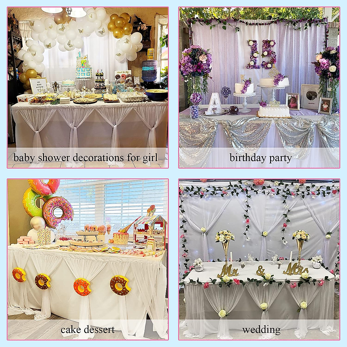 Suppromo White Tulle Table Skirts for Rectangle Tables 14ft Ruffle Tutu Table Cloth Skirt Decoration for Wedding Bridal Baby Shower Birthday Party Cake Dessert Table Decor