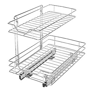 Smart Design Pull-Out Cabinet Organizer – 2-Tier Chrome, Small Top, Medium Bottom – Steel Sliding Cabinet Organizer Holds Up To 100 lbs. for Optimal Home Organization and Storage