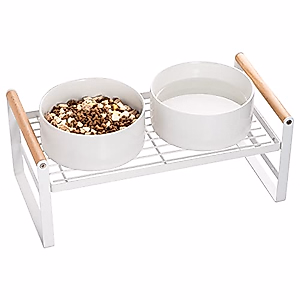 CEEFU Elevated Dog Bowl Cat Bowls with Stand, Adjustable Raised Pet Bowl Stand Feeder, Anti-Slip Metal Wire Stand with 2 Ceramic Bowls