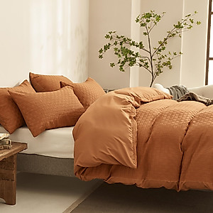 JELLYMONI Caramel Duvet Cover Full Size - 3 Pieces Soft and Breathable Microfiber Knitted Jacquard Waffle Weave Striped Comforter Cover with 8 Corner Ties & Zipper Closure