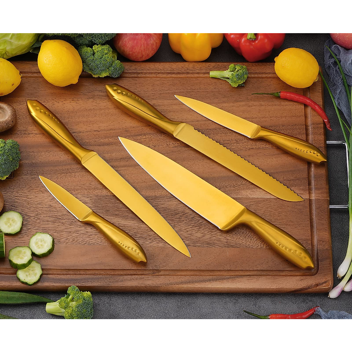 Golden Kitchen Knife Set 5 Piece WELLSTAR, Razor Sharp German Stainless Steel Blade and Ergonomic Handle with Gold Titanium Coated, Chef Carving Bread Utility Paring for Cutting and Peeling - Gift Box