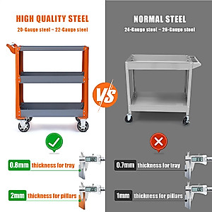 HPDMC 3-Tier Utility Cart 1000lbs Capacity Heavy Duty Metal Service Cart with Wheels, Rolling Tool Cart on Wheels, Garage Tool Push Cart for Mechanic, Garage, Workshop, Warehouse, Office