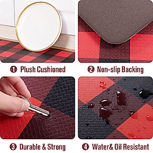 Carvapet Buffalo Plaid Kitchen Mat Cushioned Anti Fatigue Comfort Floor Mat Waterproof Non-Slip Kitchen Foam Rug Ergonomic Standing Mat for Home Kitchen Office Laundry, Black & Red,17.3"x28"