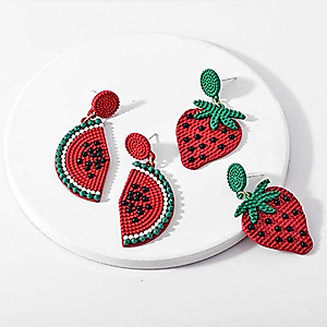 Cute Red Strawberry Watermelon Fruit Drop Earrings Bohemian Beaded Dangle Earrings Sweet Fruit Stud Earrings for Women (Strawberry)