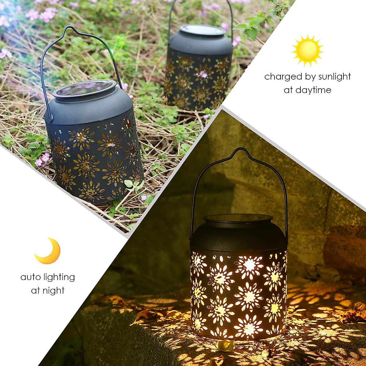 2 Pack Hanging Solar Lanterns, Tomshine Outdoor Lantern Warm White Waterproof Metal Patio Decor for Garden Landscape Yard Decoration (Flower Pattern)