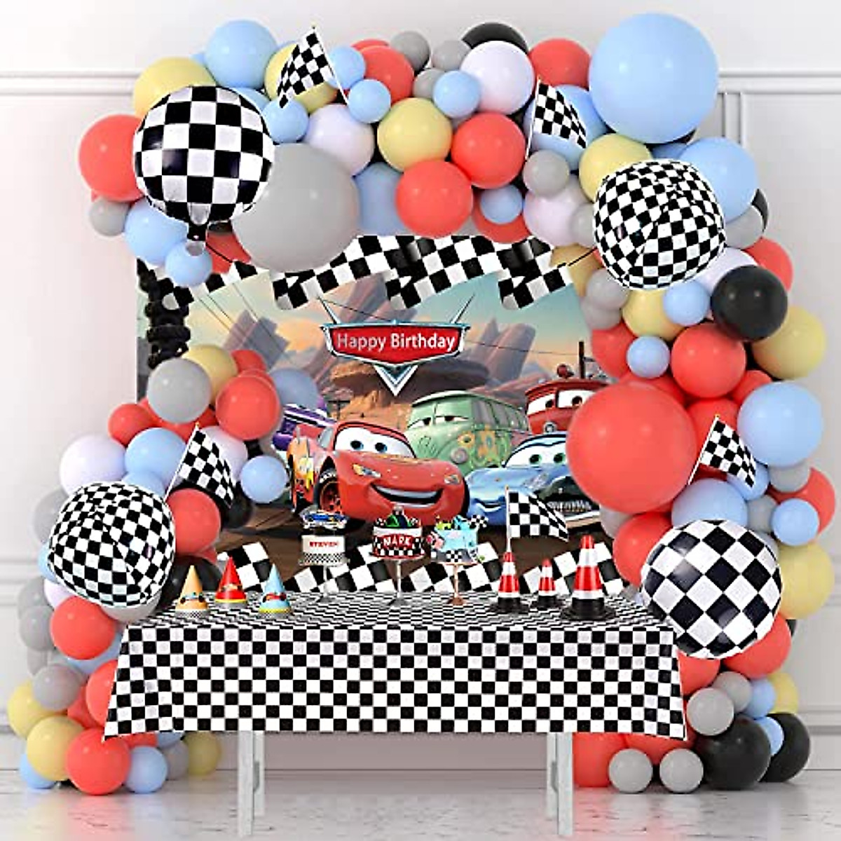 Cars Backdrop Cartoon Cars Birthday Party Supplies 3rd Happy Birthday Backdrop Black White Grid Red Photo Backgrounds Baby Shower Decorations Banner 7x5FT