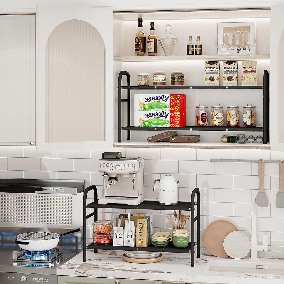 WonCherry Expandable Under Sink Organizers, 2-Tier Kitchen Bathroom Cabinet Storage Counter Shelf, Shoe Storage Rack with 8 Removable Plastic Boards for Kitchen, Bathroom, Pantry, Entryway, Closet