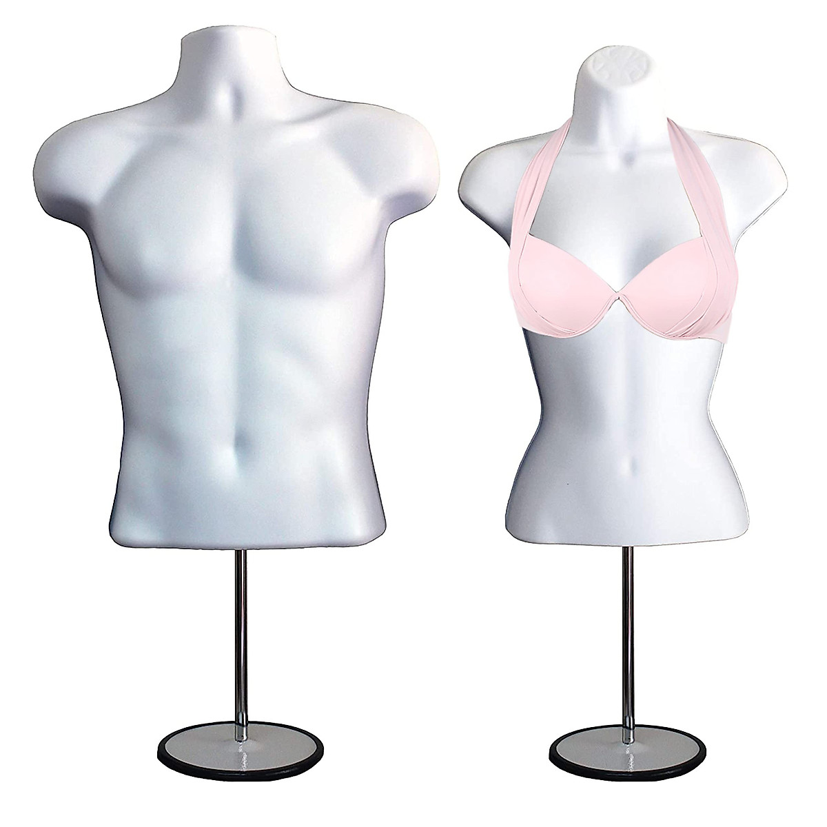 DisplayTown Male Female Mannequin Torso with Stand, Dress Form, Tshirt Display, Hollow Back Body w/Metal Stand and Hook for Countertop Craft Shows Tabletop Clothing S-M Size (White)