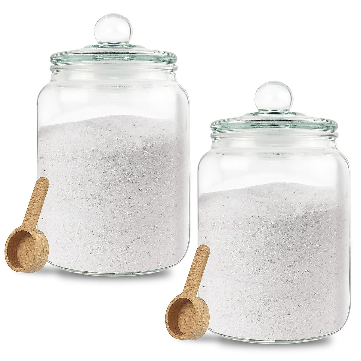 2 Sets 70 oz Bath Salts Glass Jar - Bath Salt Container with 2 Wooden Scoop and 2 Airtight Lid, Large Storage Canister Glass Bath Salt Jar for Bath Salt Flour Salt Candy Tea Bathroom Bath Decor
